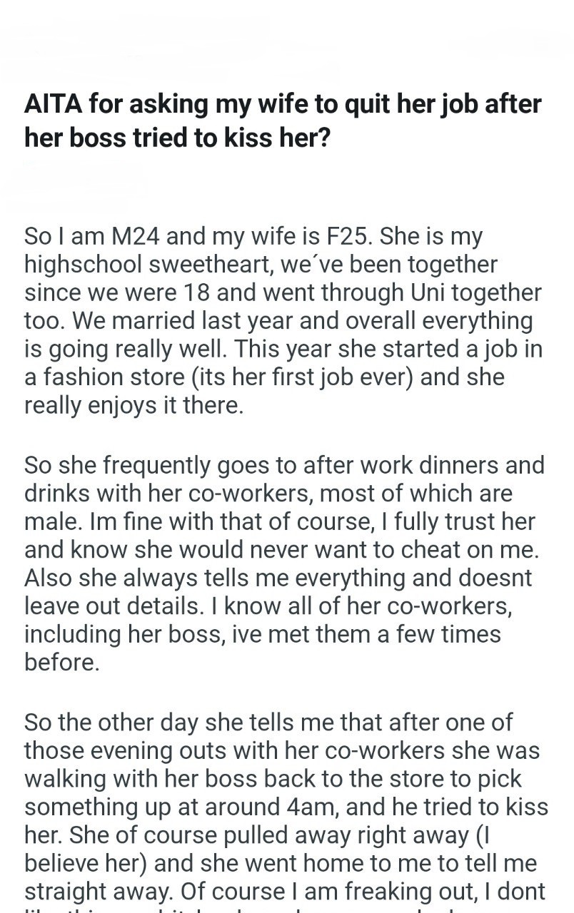 AITA for asking my wife to quit her job