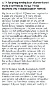 AITA for giving my ring back after my fiancé